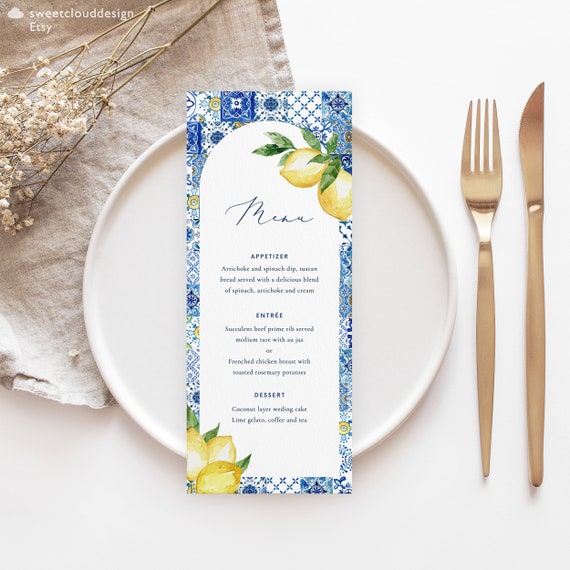 Lemon Blue Tile Wedding Menu Template Blue Tile Arch Frame - Etsy