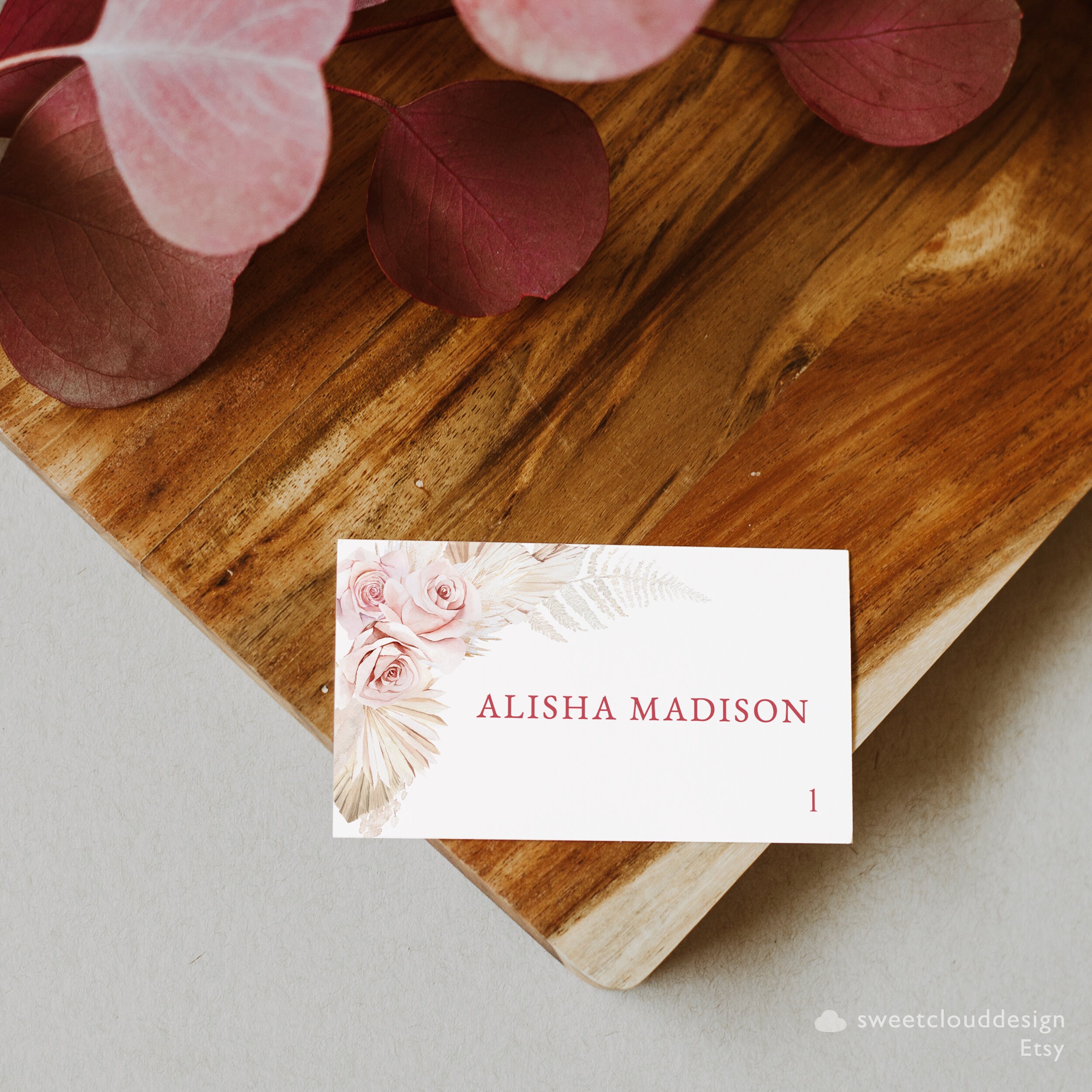 Blush Boho Place Card Template Pink Floral Bohemian Name Card Blush ...