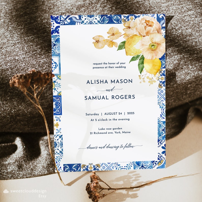 Positano Blue Tile Invitation Set Peach Floral Wedding - Etsy