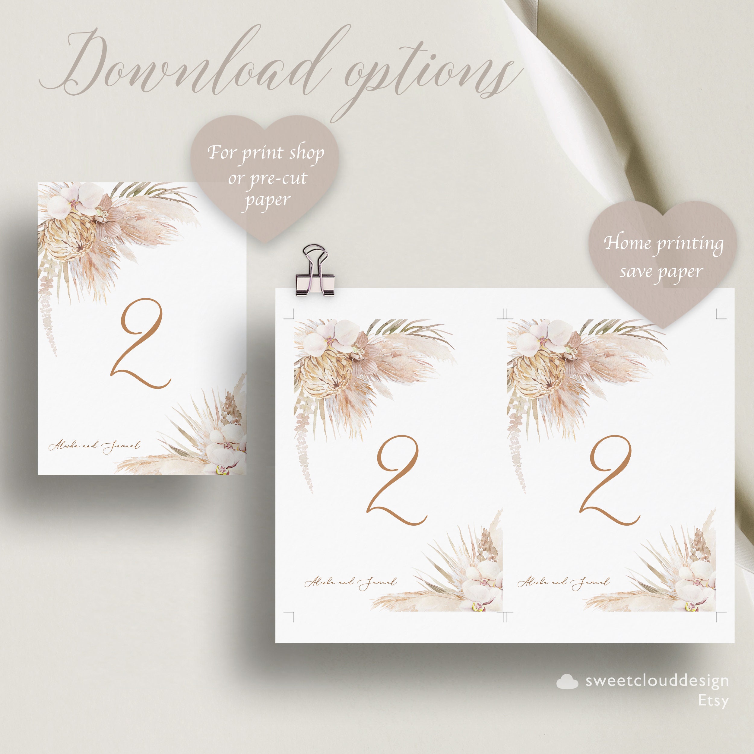 Boho Table Number Boho Orchid Wedding Table Number Pampas Grass ...