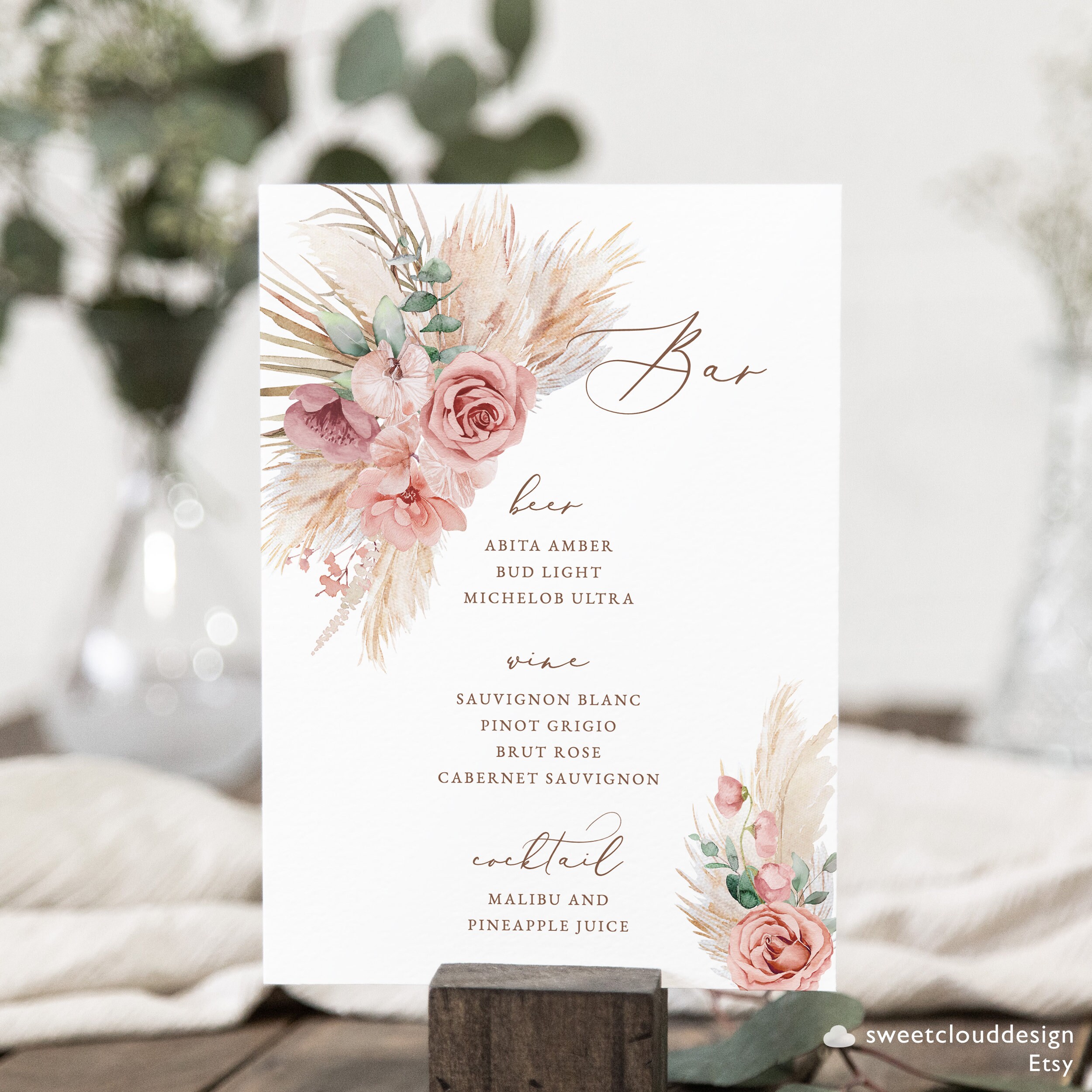 Dusty Pink Boho Bar Menu Sign Template,pink Floral Pampas Grass Bar ...
