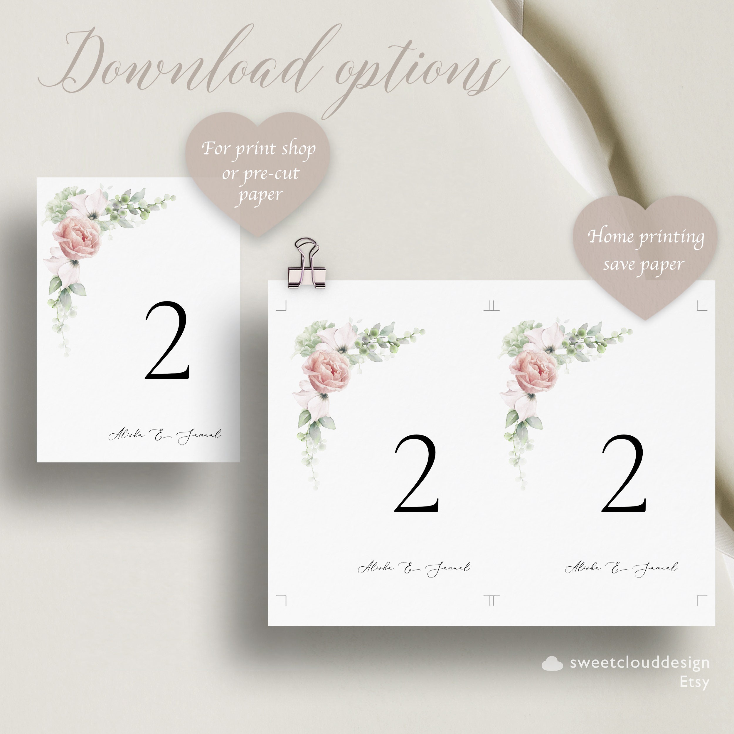 Dusty Pink Floral Table Number Template Blush Rose Wedding Table Number ...