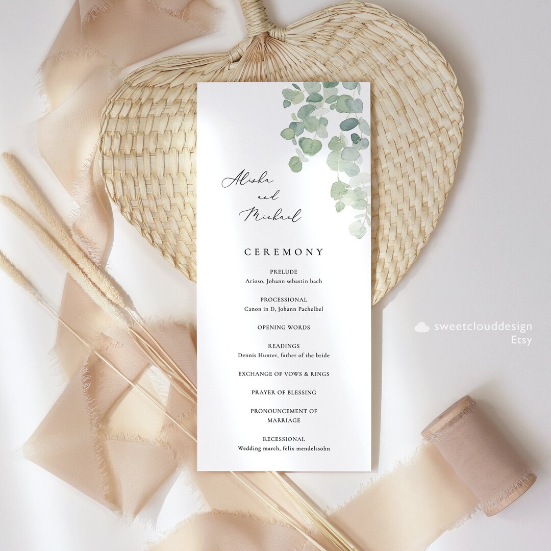 Soft Greenery Wedding Program Template Printable Eucalyptus Editable ...