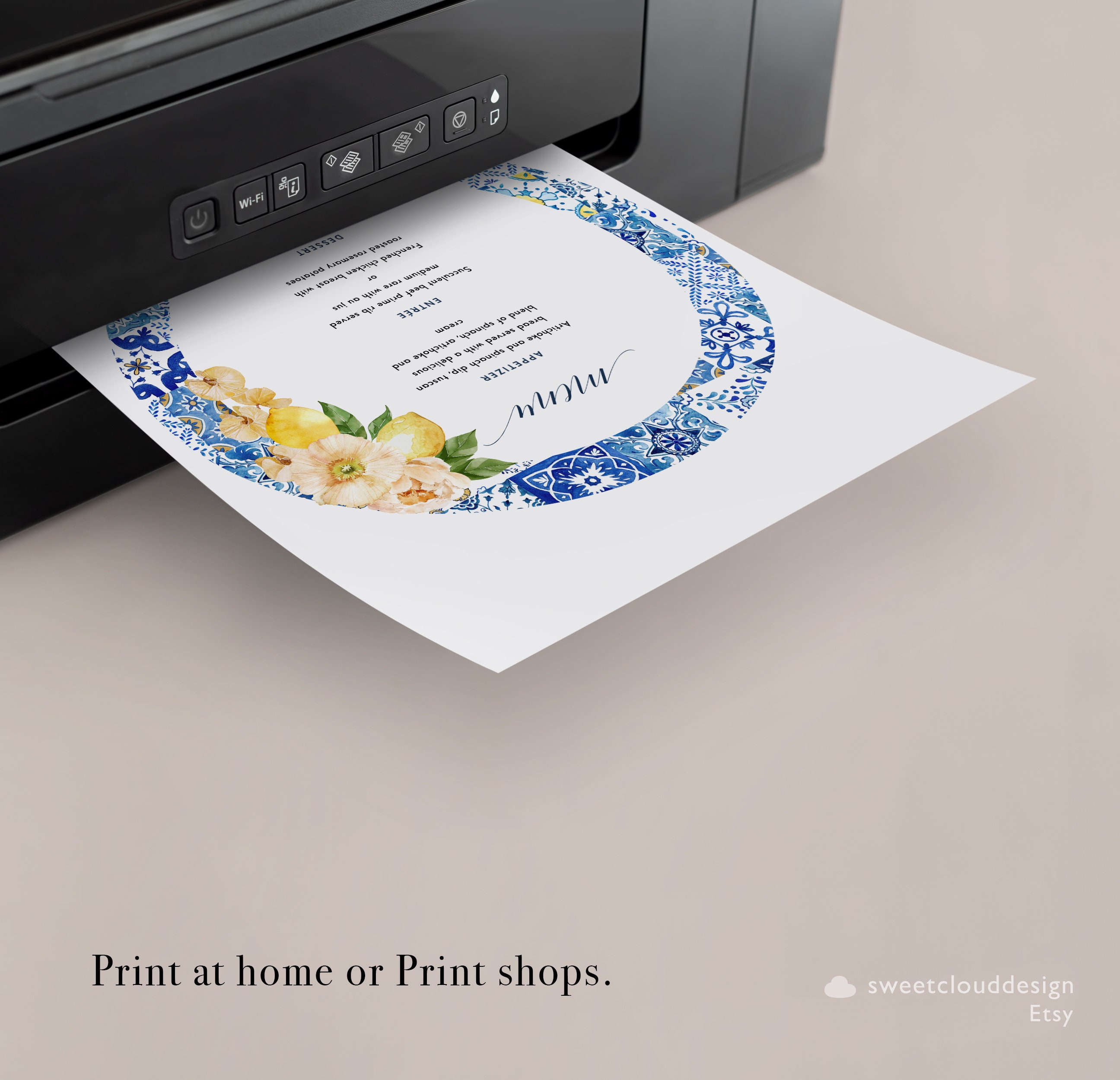 Blue Tile Round Table Menu Template Italy Blue Tile and Lemon - Etsy