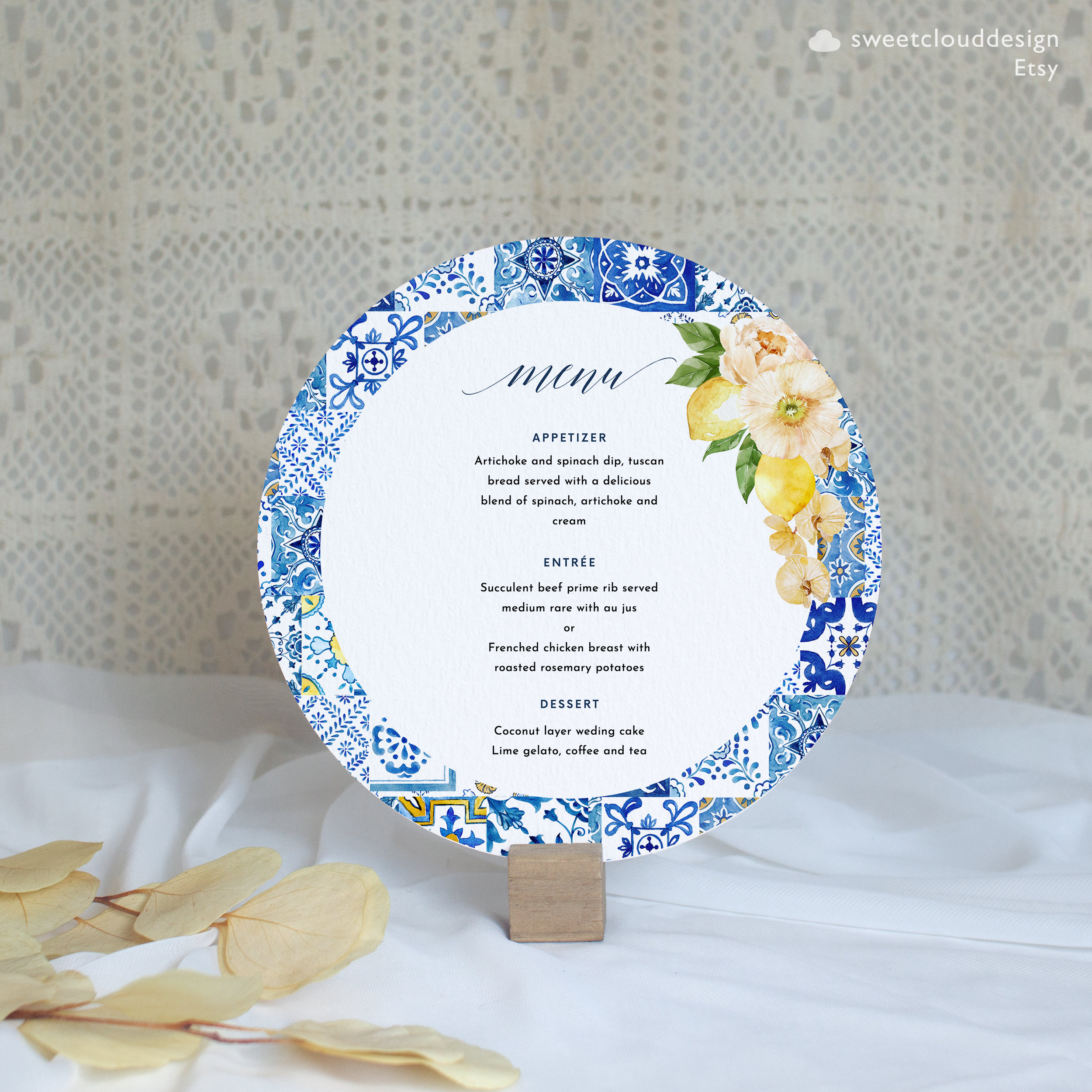 Blue Tile Round Table Menu Template Italy Blue Tile and Lemon - Etsy