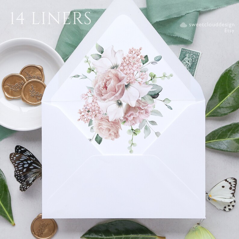 Pink Floral Envelope Liner Template Blush Pink Flower Envelope - Etsy