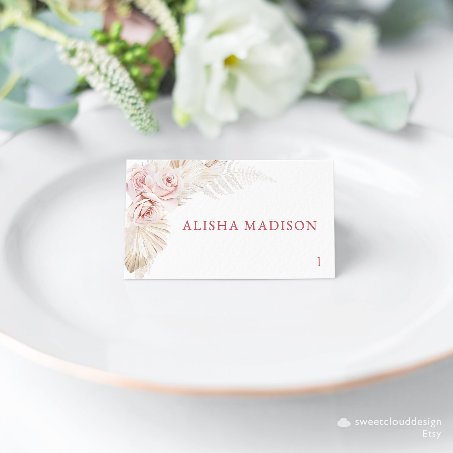 Blush Boho Place Card Template Pink Floral Bohemian Name Card Blush ...