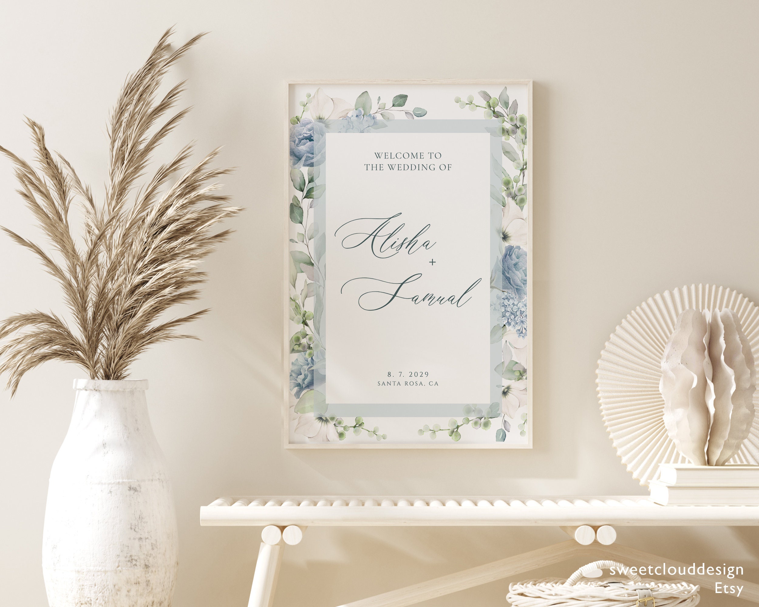 Steel Blue Floral Wedding Sign Dusty Blue Flower Welcome Wedding Sign ...