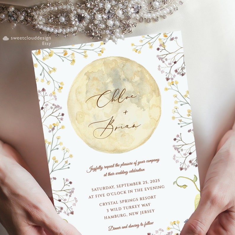 Full Moon Wedding Invitation Set Template Autumn Floral Wedding ...