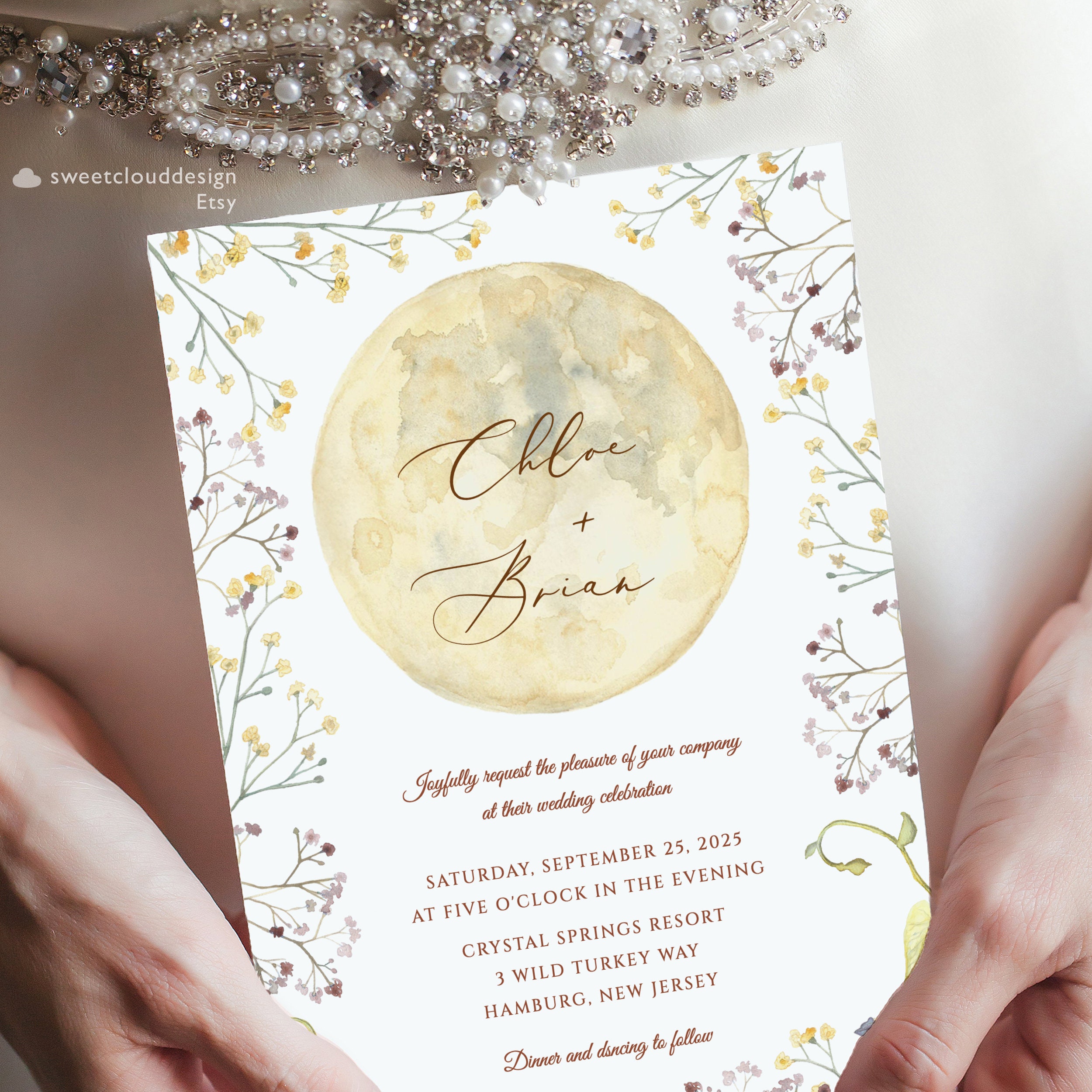 Full Moon Wedding Invitation Set Template Autumn Floral - Etsy