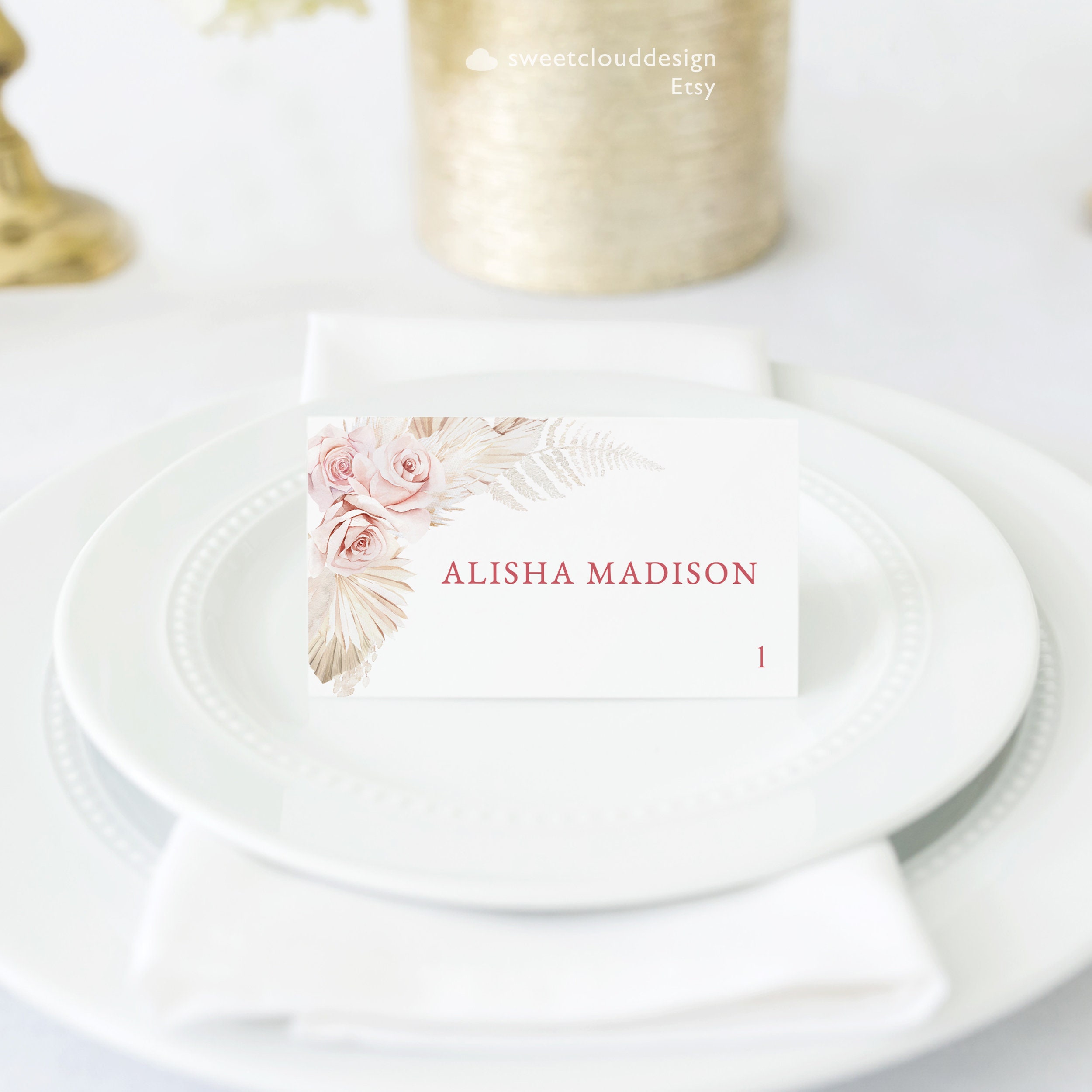 Blush Boho Place Card Template Pink Floral Bohemian Name Card Blush ...