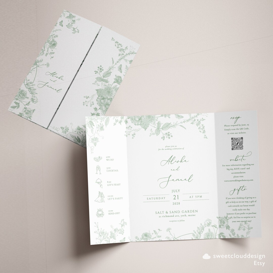Gatefold Sage Green Wedding Invitation Dusty Green Flower Gatefold ...