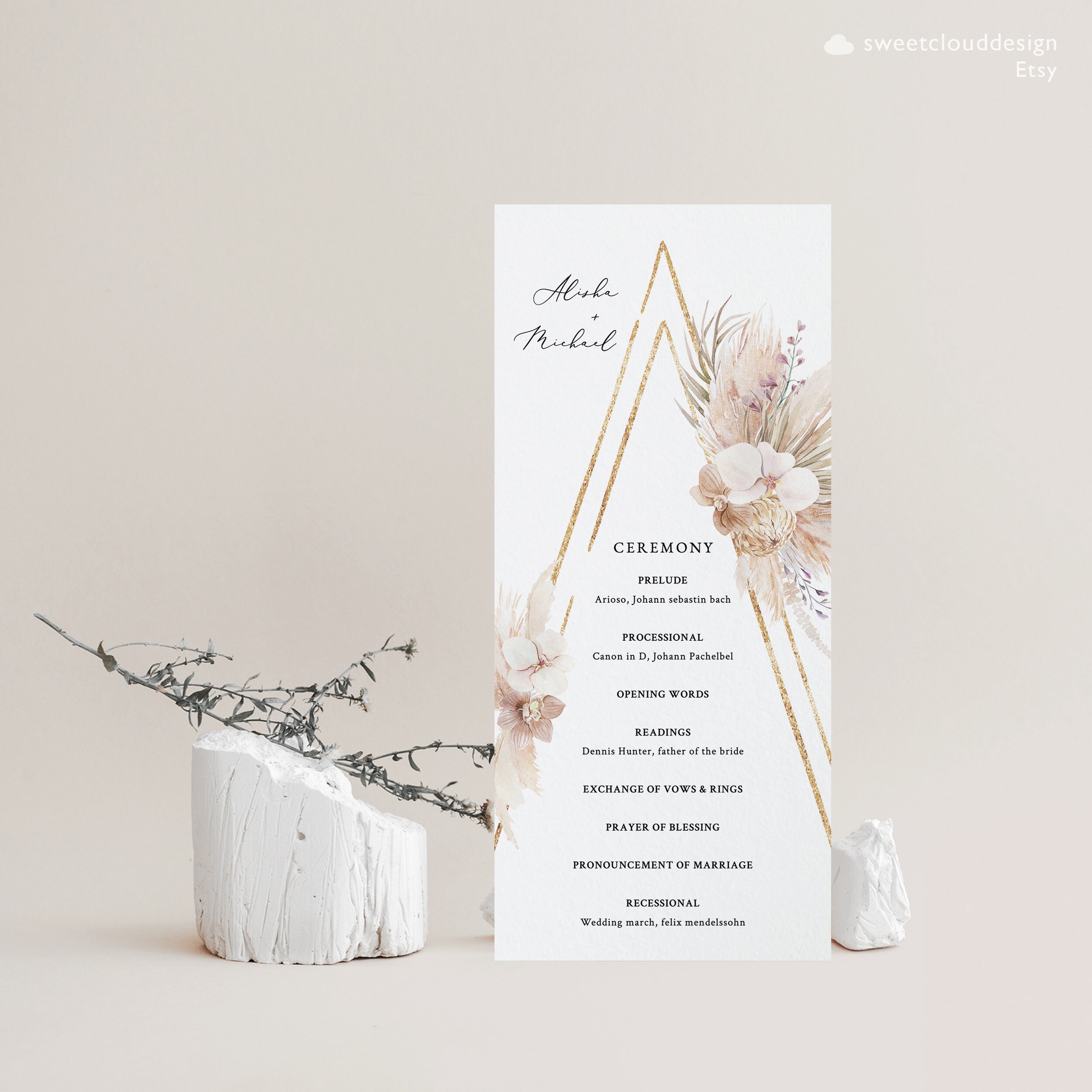 Gold Boho Wedding Program Template Orchid Bohemian Program Pampas Grass ...
