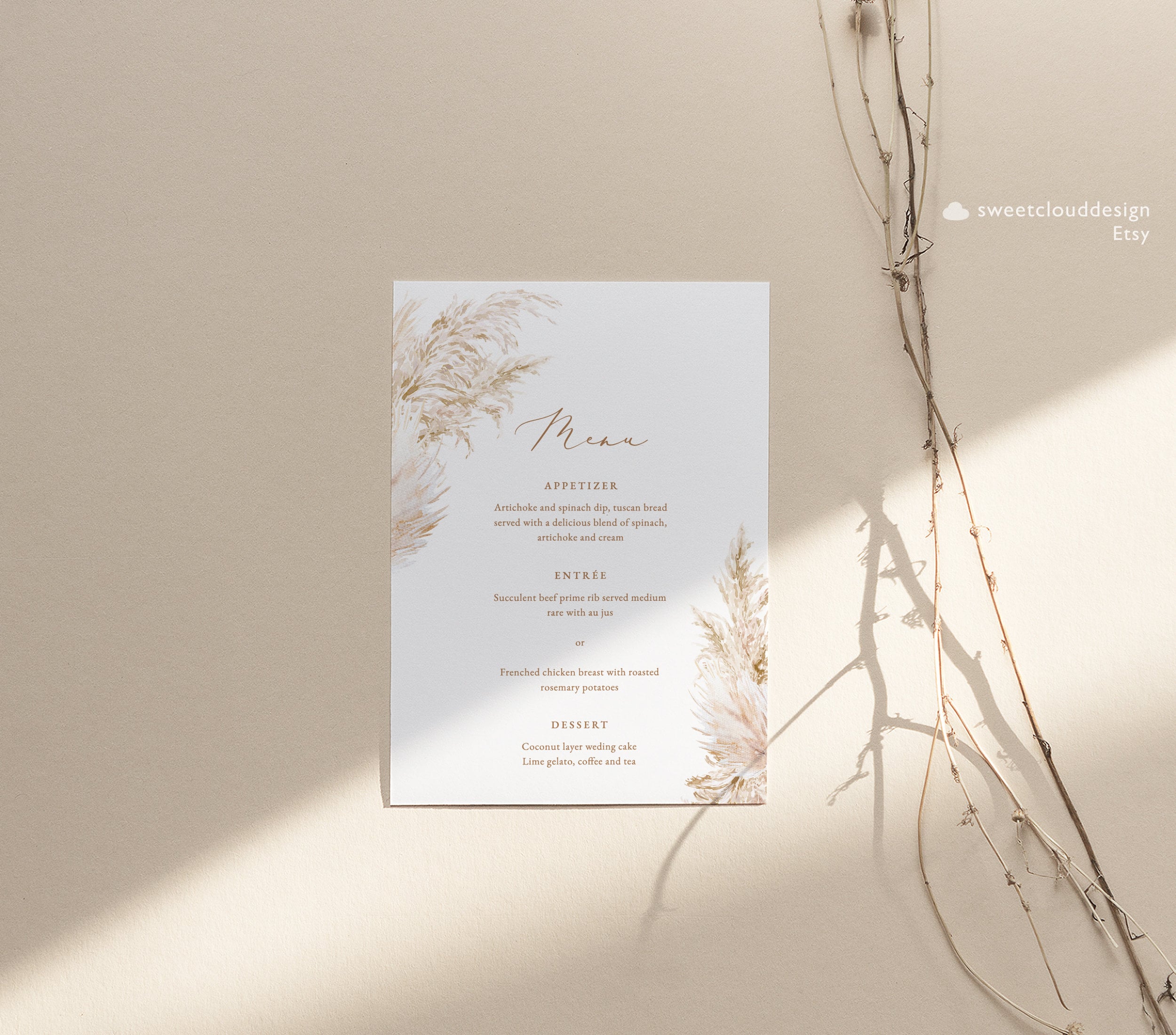 BOHO Pampas Grass Menu Template Bohemian Wedding Menu Printable Pampas ...
