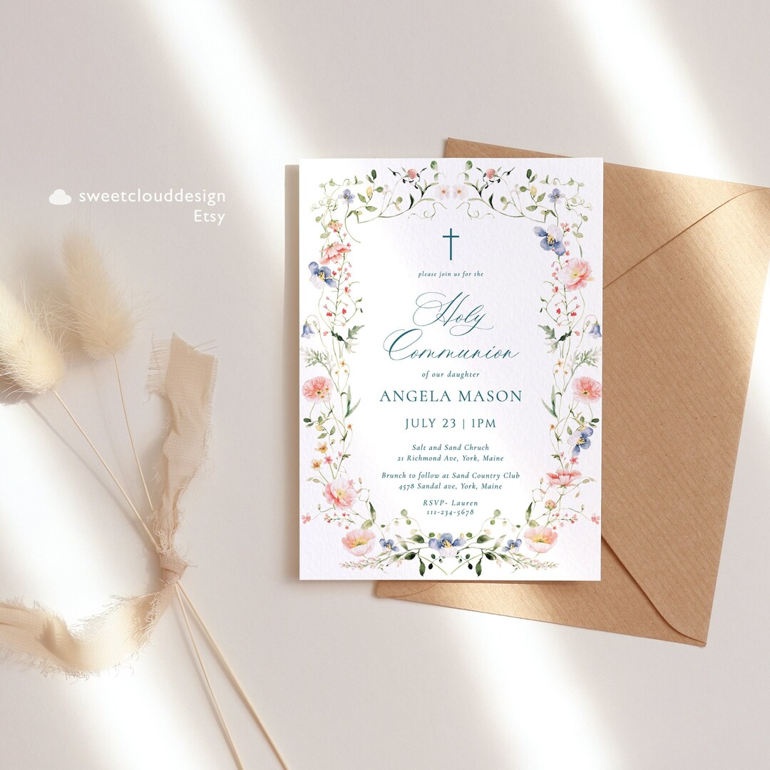 Wildflower Blush Holy Communion Invitation Garden Holy Communion ...