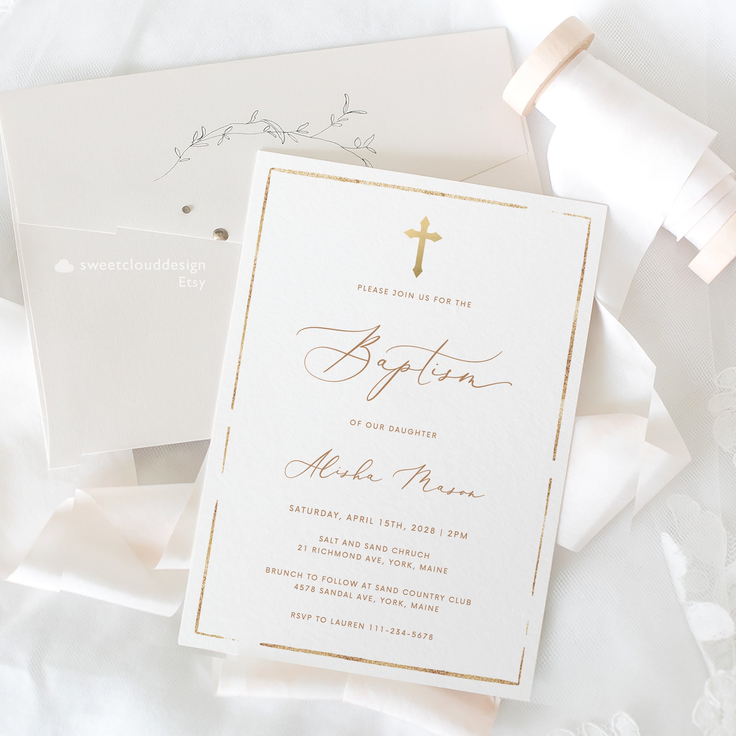 Gold Cross Baptism Invitation Gold Frame Baptism Invite Printable ...