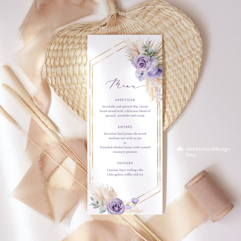 Dusty Purple BOHO Menu Template Purple Orchid Menu Printable Gold ...