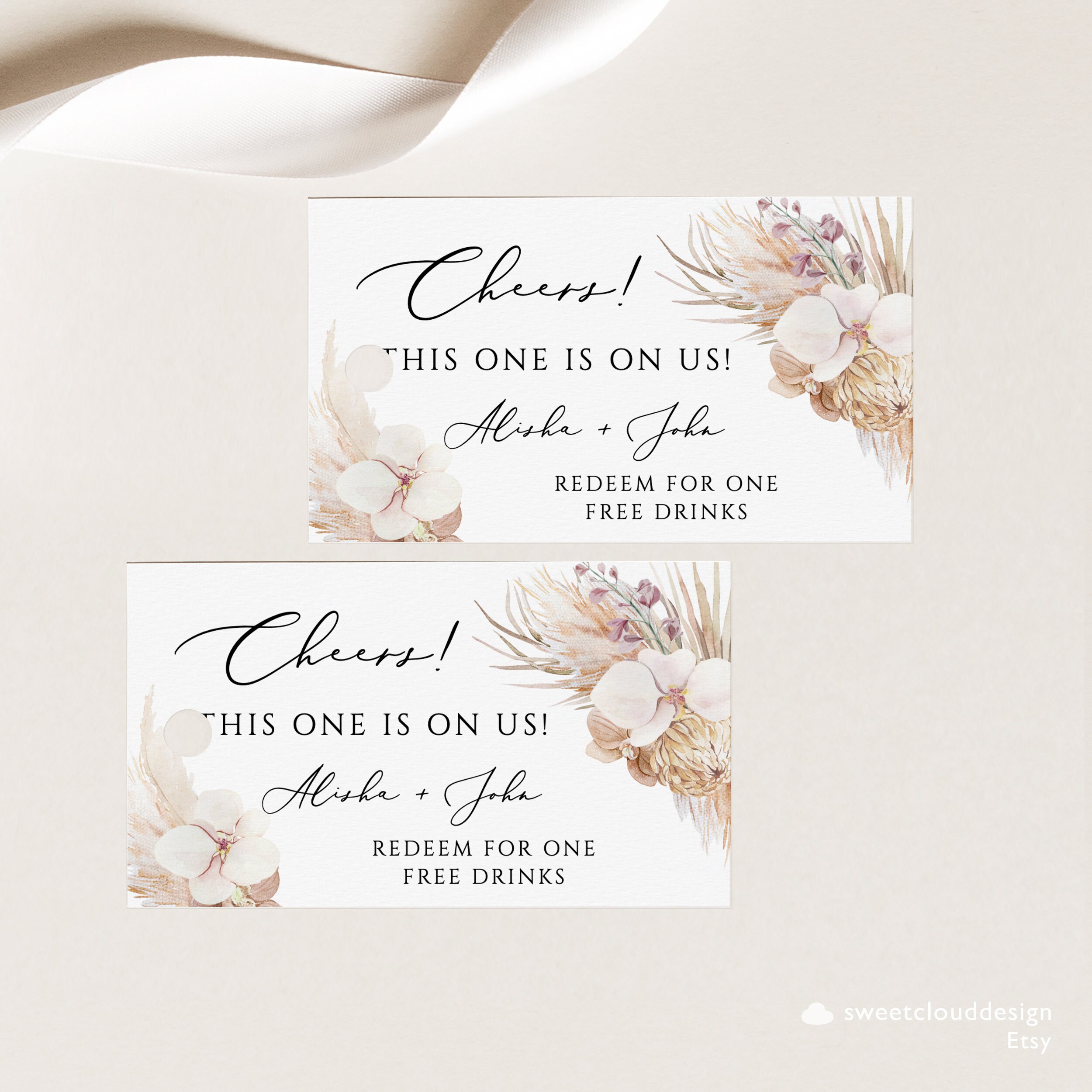 BOHO Drink Ticket Card Template Pampas Grass This One's on Us Wedding ...