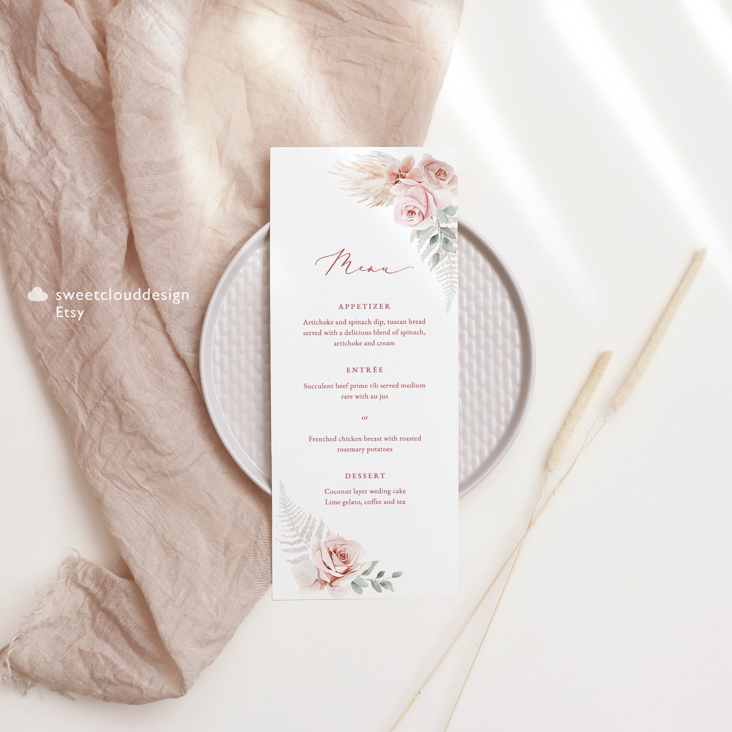 Dusty PINK Wedding Menu Template BOHO Pink Menu Printable Gold Boho ...