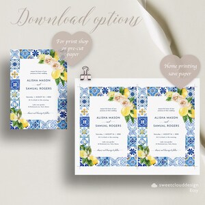 Positano Blue Tile Invitation Set Lemon Wedding Invitation Template ...