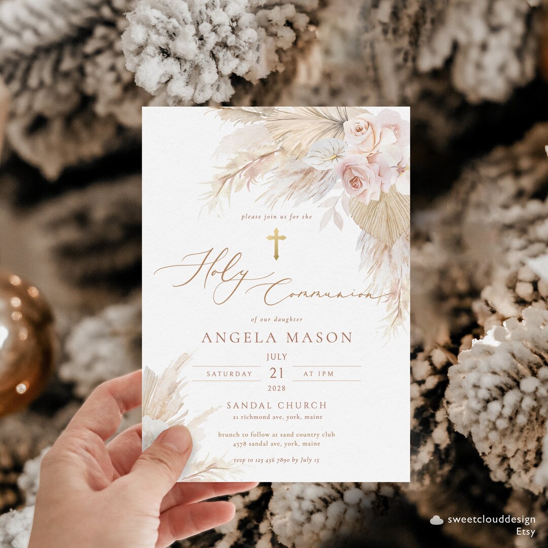 Boho Holy Communion Invitation Gold Cross Holy Communion Invitation ...