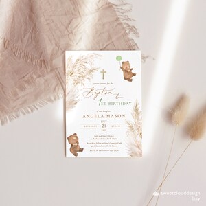 Teddy Bear Baptism 1st Birthday Invitation Template Pampas Grass ...