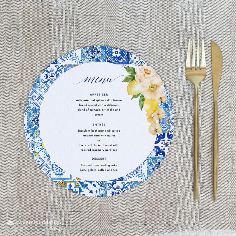 Blue Tile Round Table Menu Template Italy Blue Tile and Lemon - Etsy