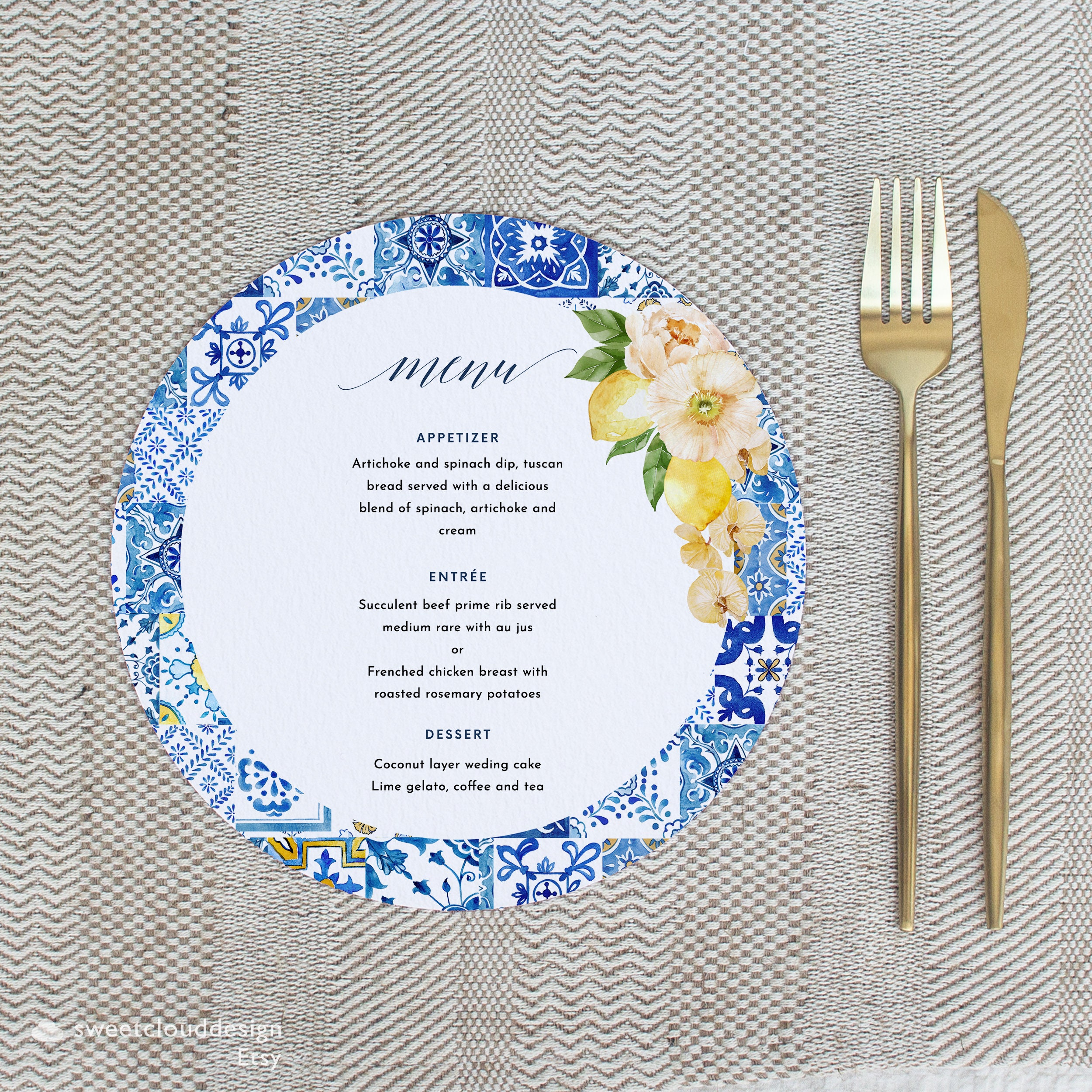 Blue Tile Round Table Menu Template Italy Blue Tile and Lemon - Etsy