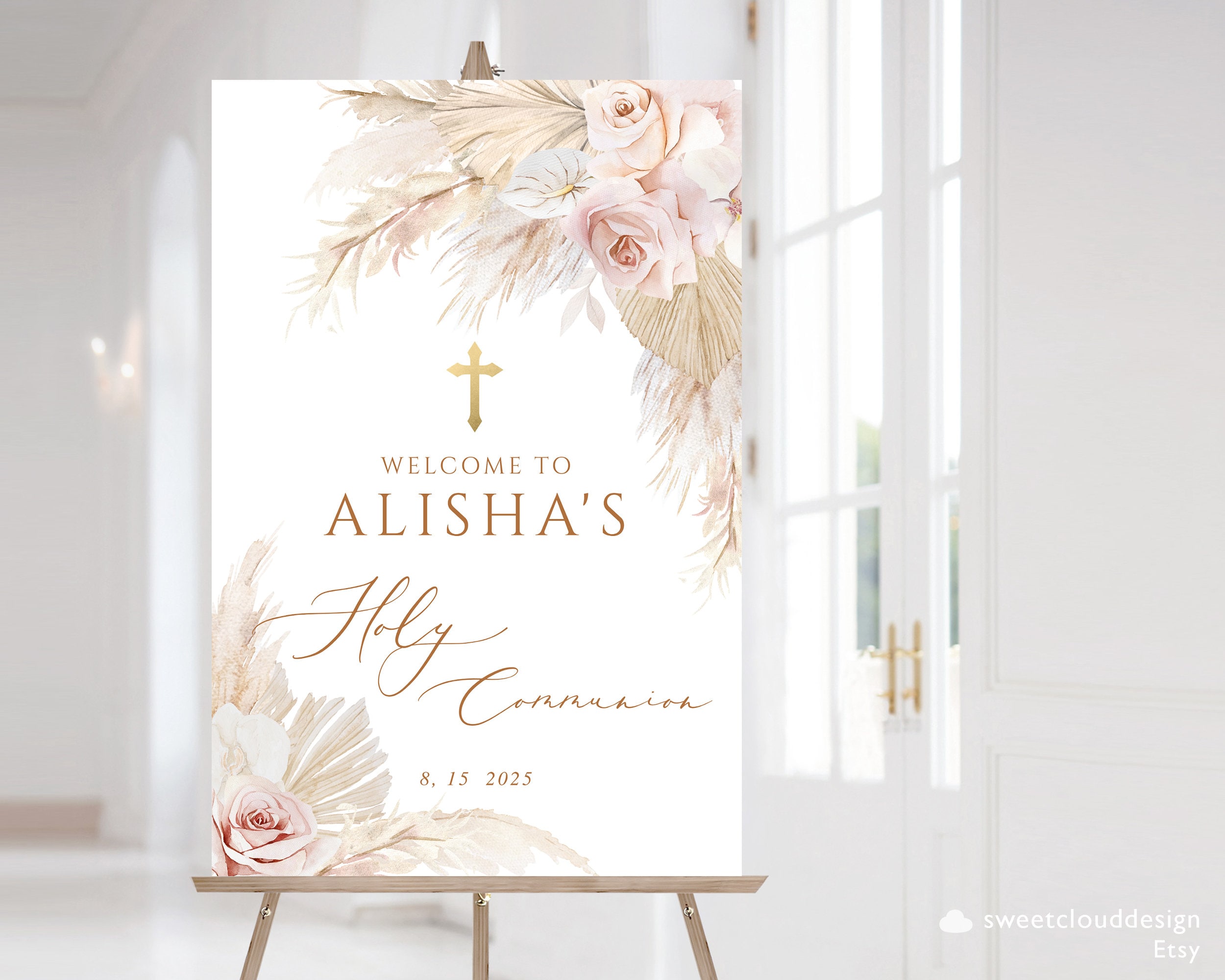 Dusty Pink Holy Communion Welcome Sign Template Gold Cross Pampas Grass ...