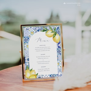 Lemon Blue Tile Wedding Menu Template Blue Tile Arch Frame Floral Menu ...