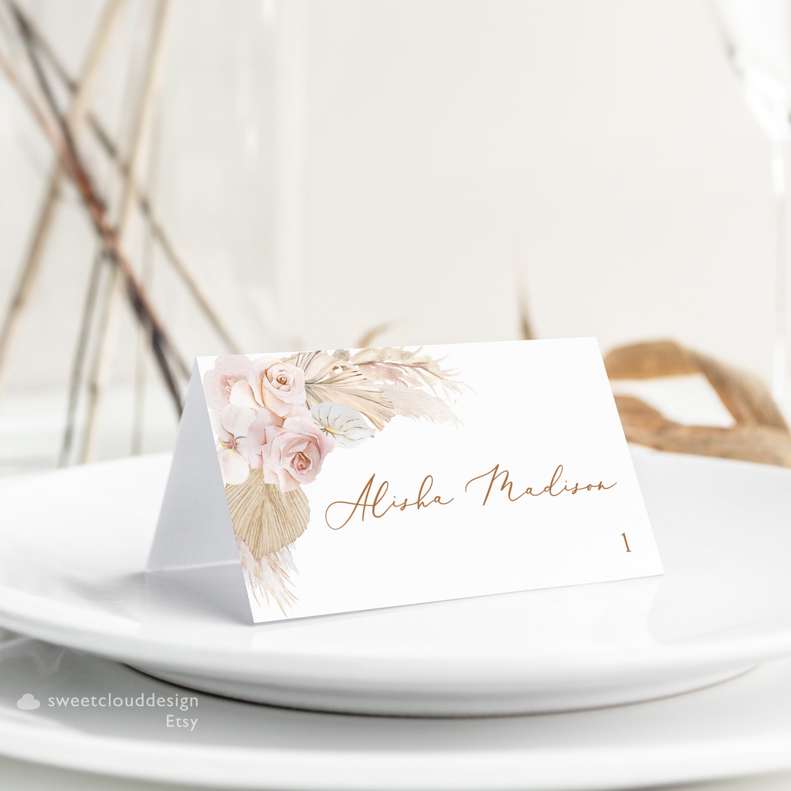 Blush Boho Place Card Template,pink Floral Bohemian Name Card ,pampas ...