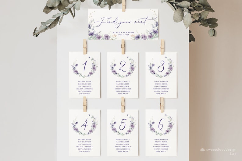 Dusty Purple Floral Table Seating Chart Card Template,purple Shade ...