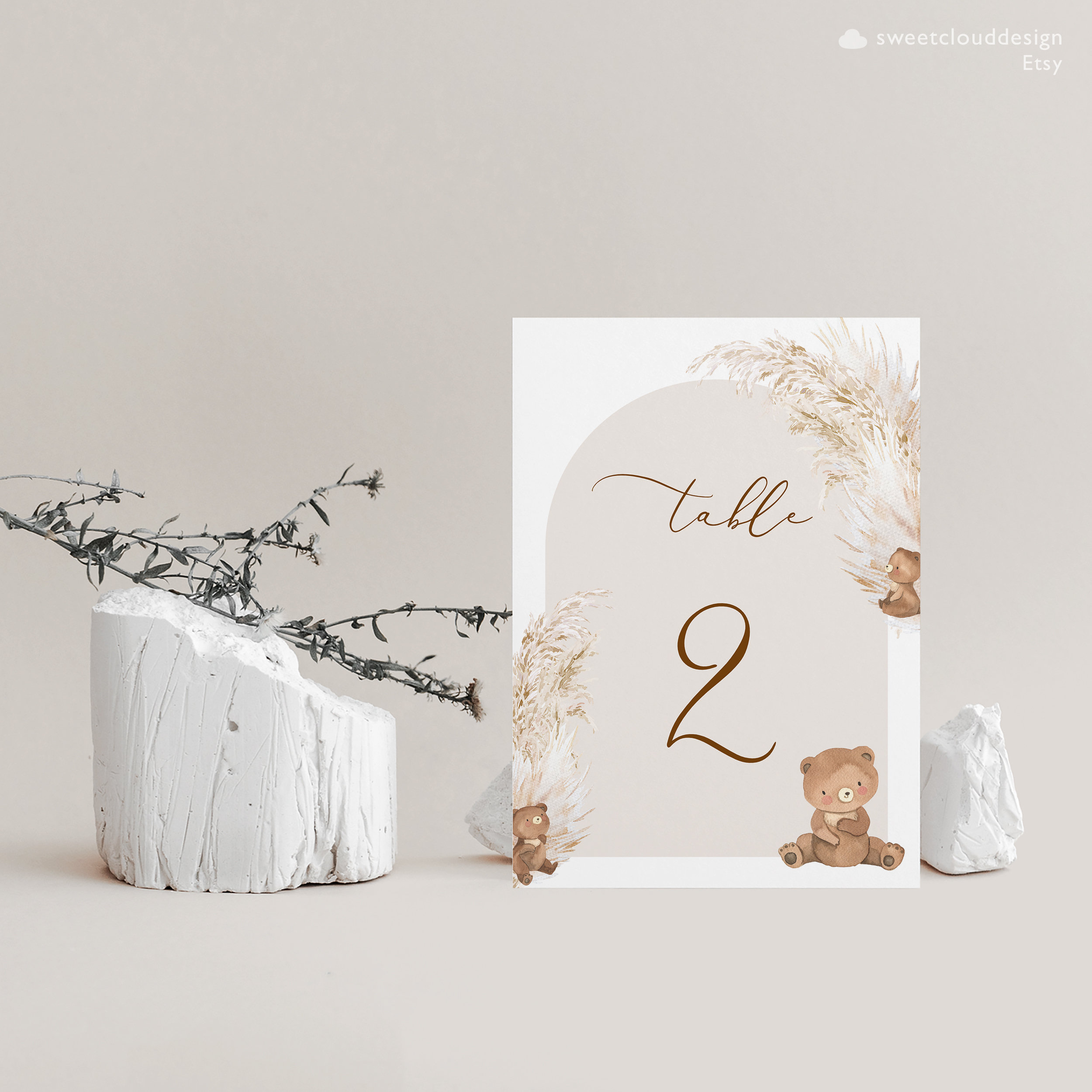 Teddy Bear Table Number Pampas Grass Teddy Bear Table Number Card Boho ...