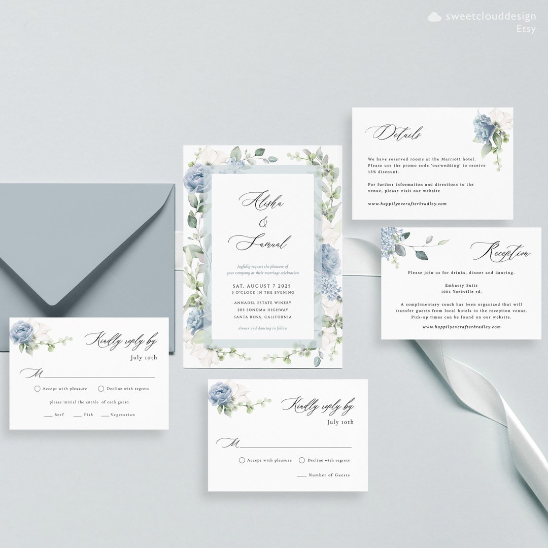 Steel Blue Floral Wedding Invitation Template Dusty Blue Editable ...