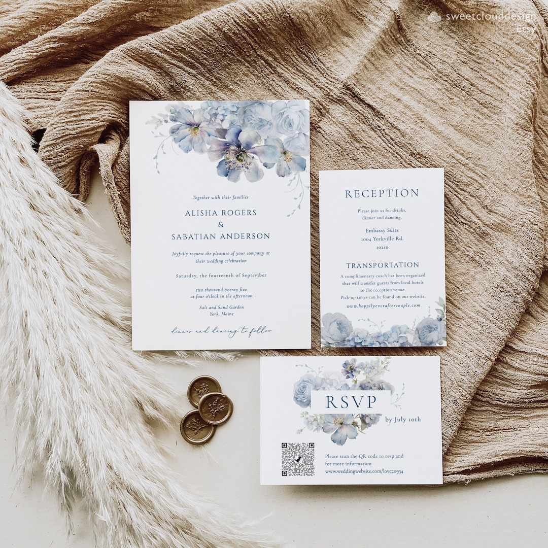 Dusty Blue Wedding Invitation Set Steel Blue Floral Wedding Invitation ...