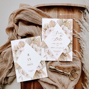 Boho Save the Date Template, Pampas Grass Calendar Editable Save the ...
