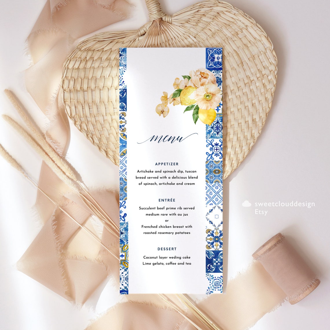 Lemon Wedding Menu Template Italy Blue Tile Menu Printable | Etsy