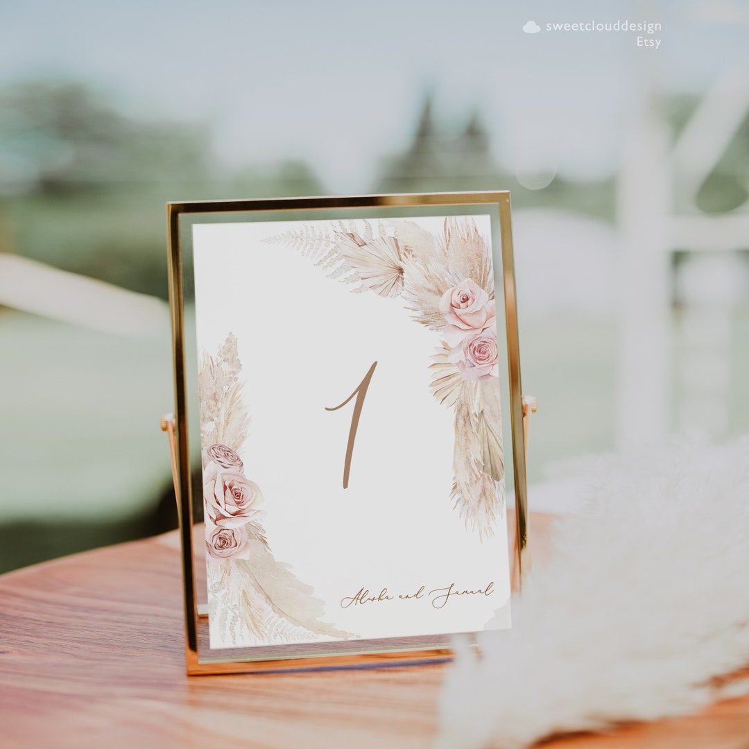 BOHO Blush Table Number Blush Floral Rose Table Number Palm Leaf ...