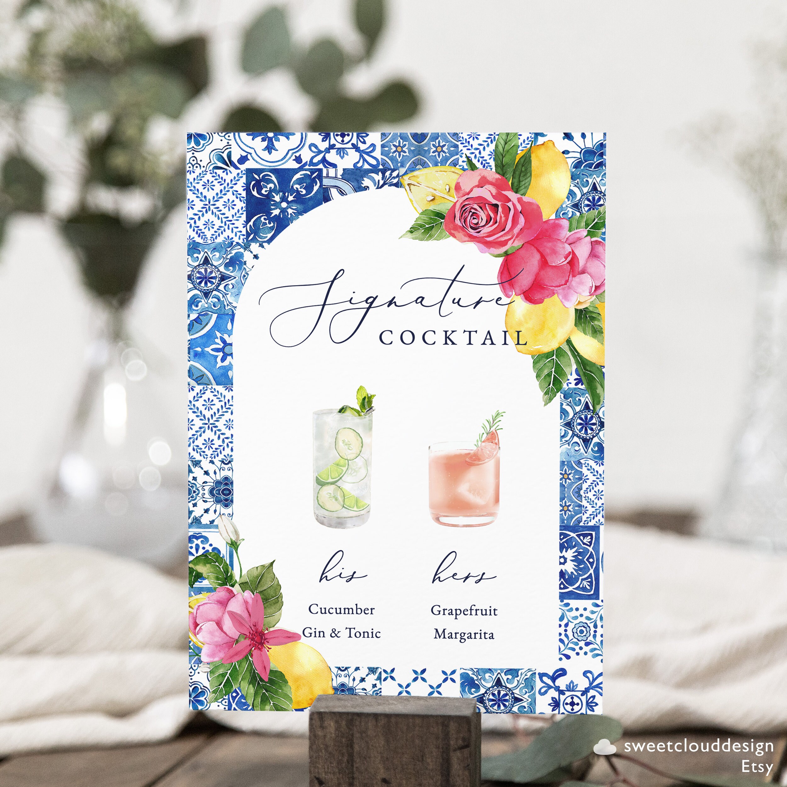 Blue Tile and Lemon Signature Drink Sign Template Pink Flower - Etsy
