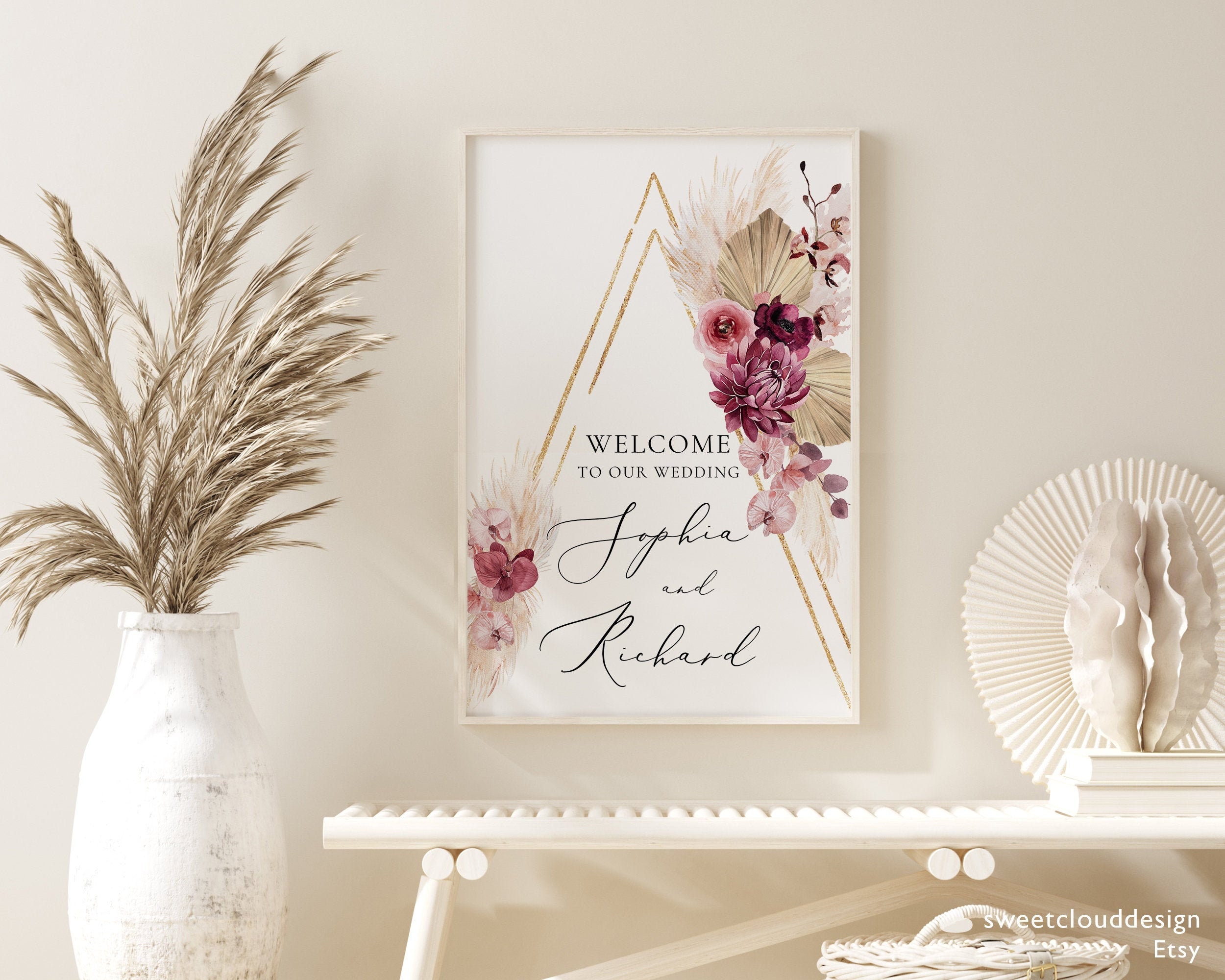 Signs Burgundy Boho Welcome Wedding Sign Template Vertical Magenta boho ...