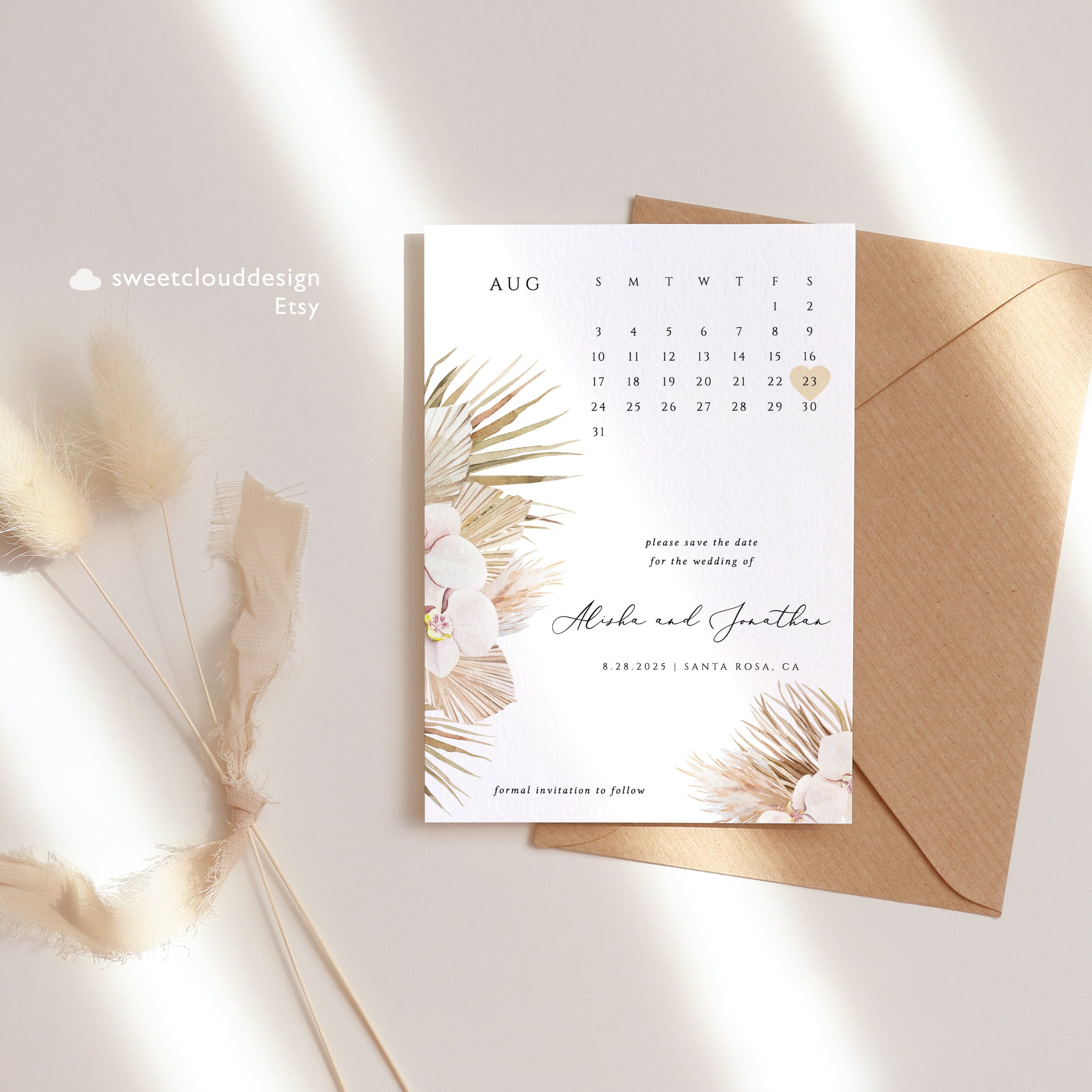 BOHO Pampas Grass Calendar Save the Date Template Palm Leaf and Orchid ...
