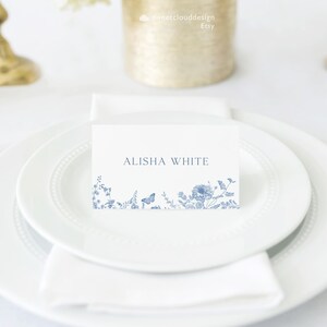 Dusty Blue Floral Place Cards Template Steel Blue Name Card Editable ...