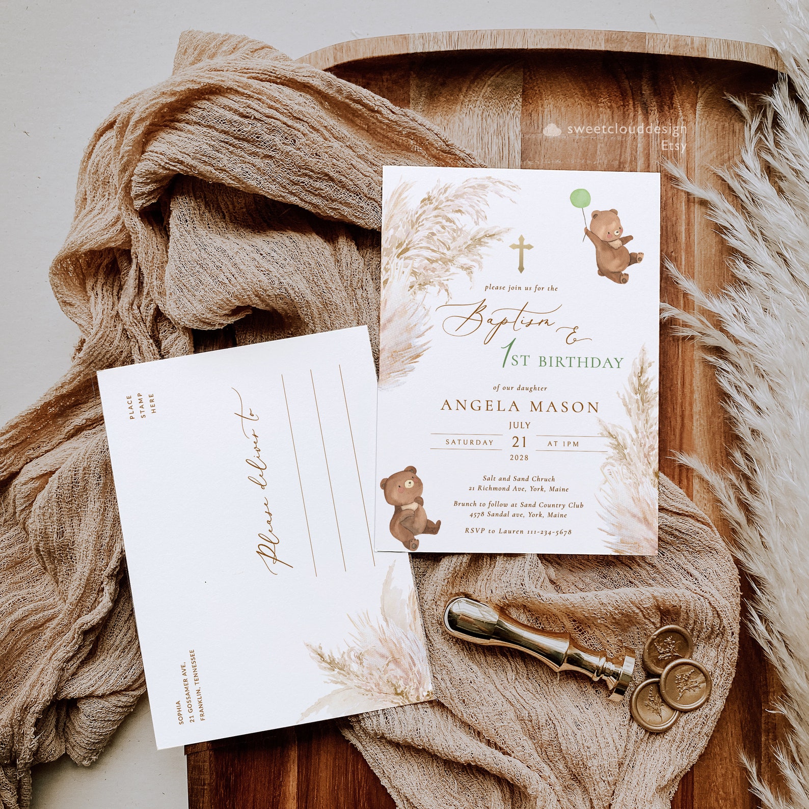 Teddy Bear Baptism 1st Birthday Invitation Template Pampas Grass ...