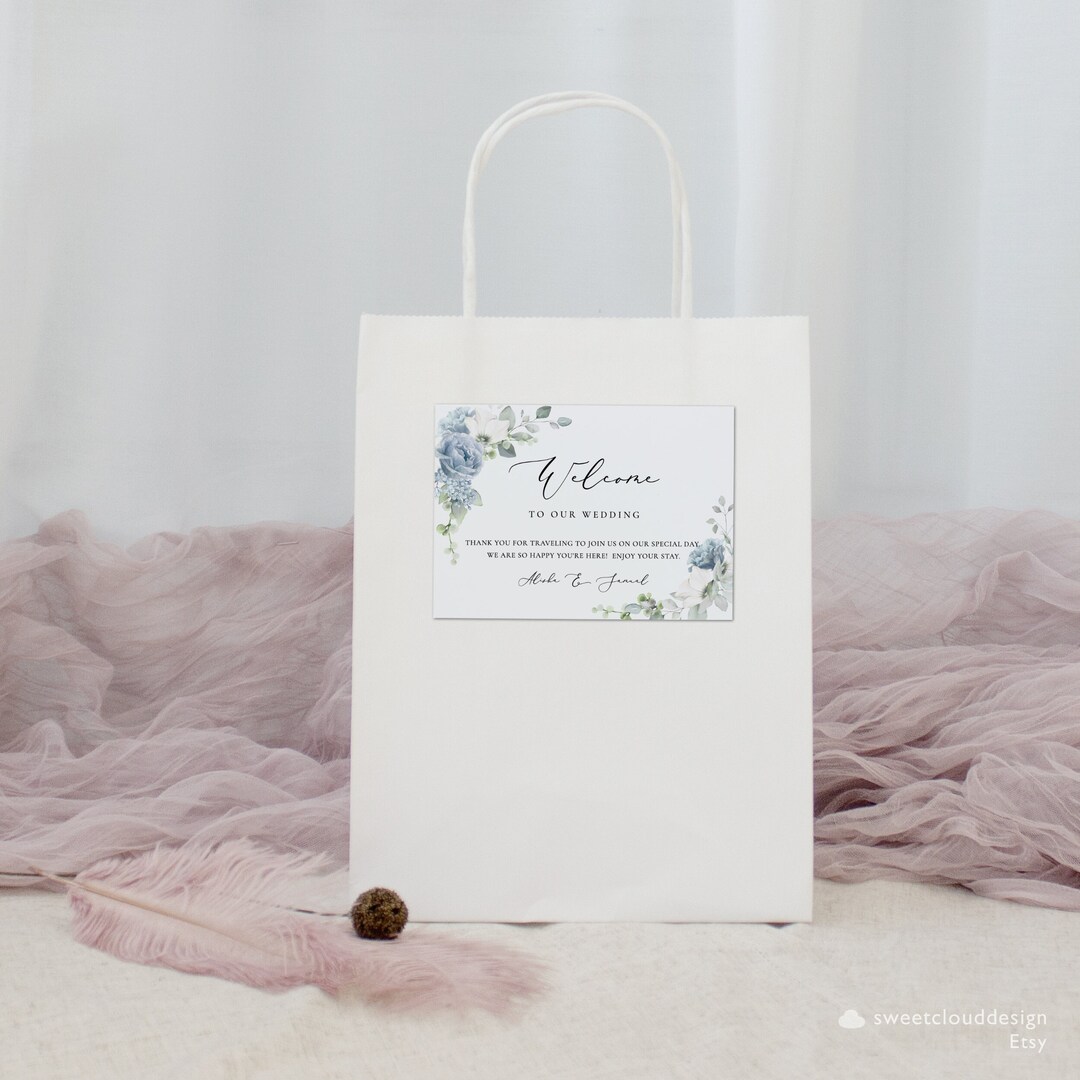 Dusty Blue Welcome Bag Label Template Blue Floral Welcome Sticker ...