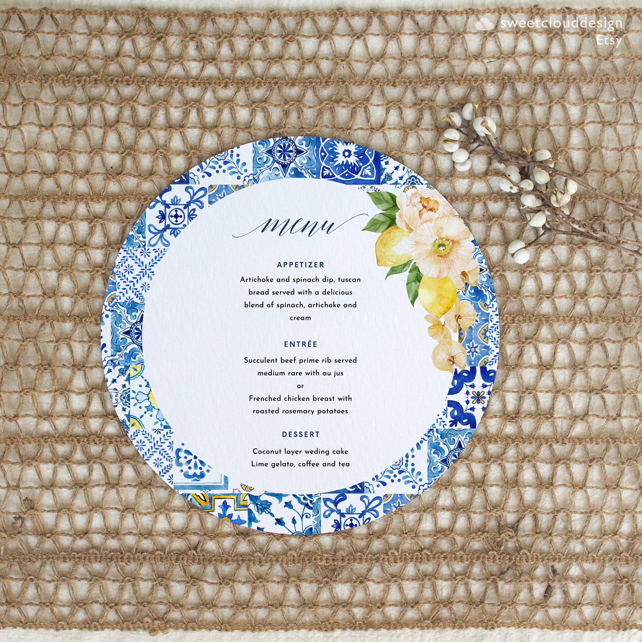 Blue Tile Round Table Menu Template Italy Blue Tile and Lemon - Etsy