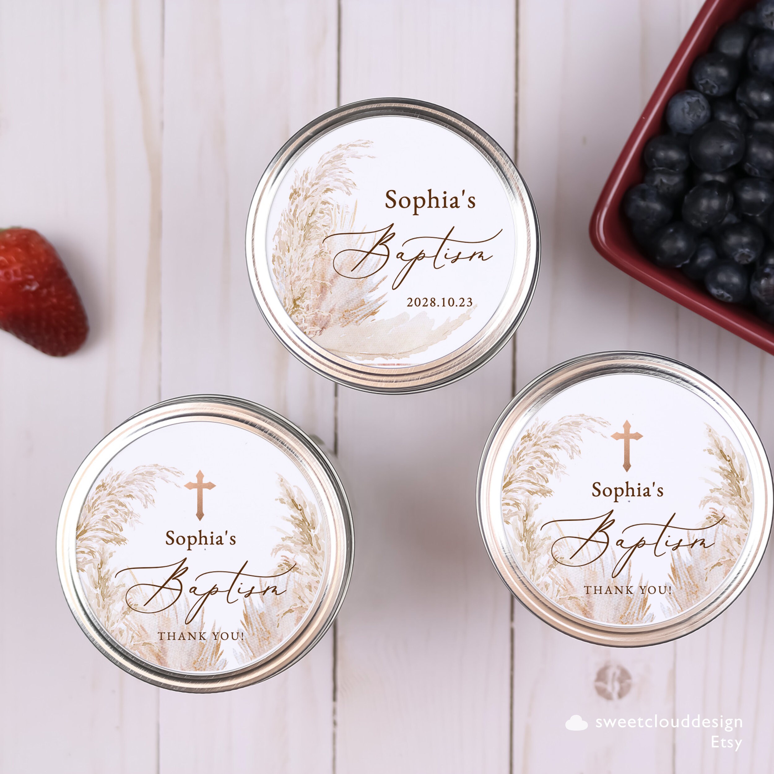 BOHO Pampas Grass Baptism Round Sticker Label Avery Favor Circle ...