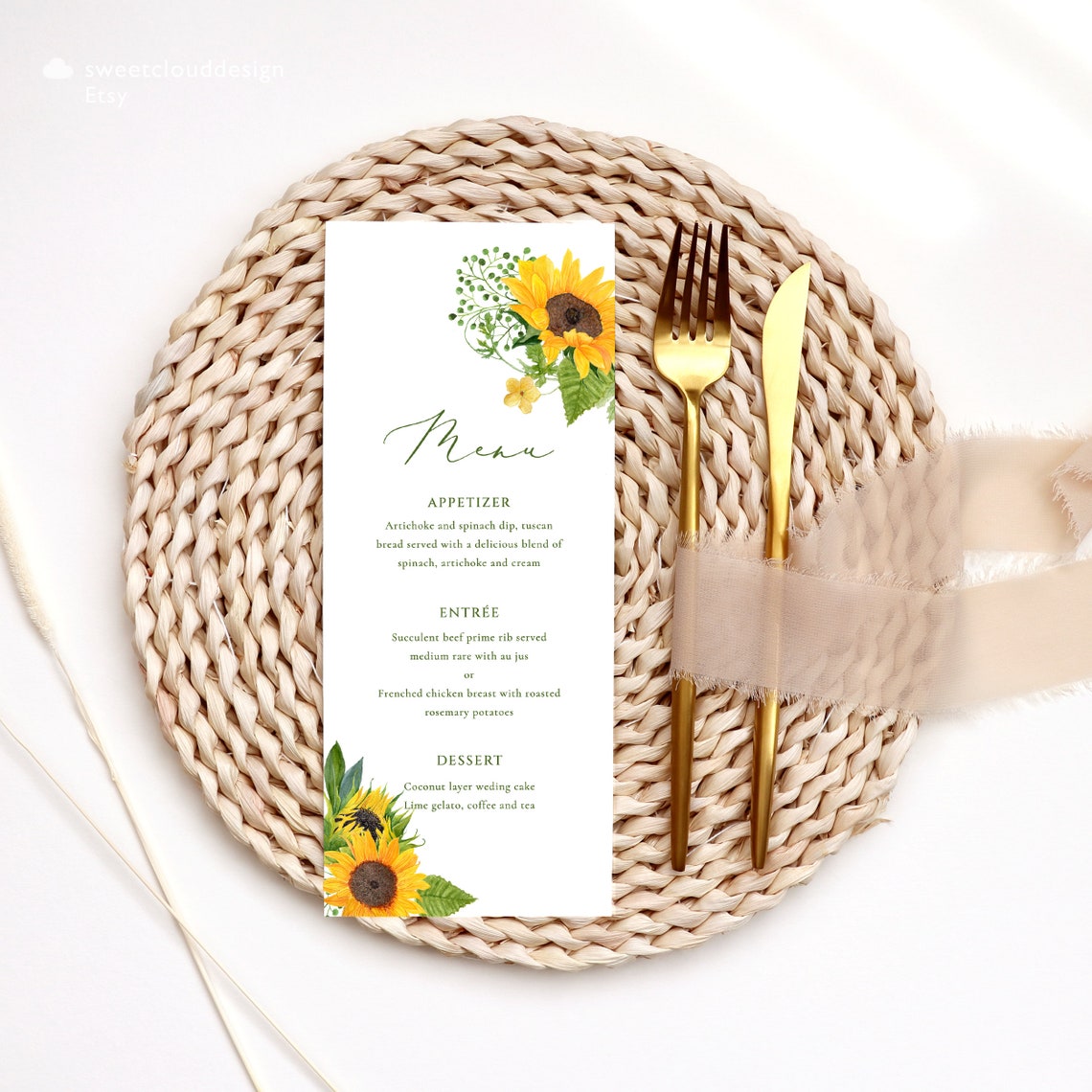 Sunflower Wedding Menu Template Sunflower Table Menu Cards Printable ...