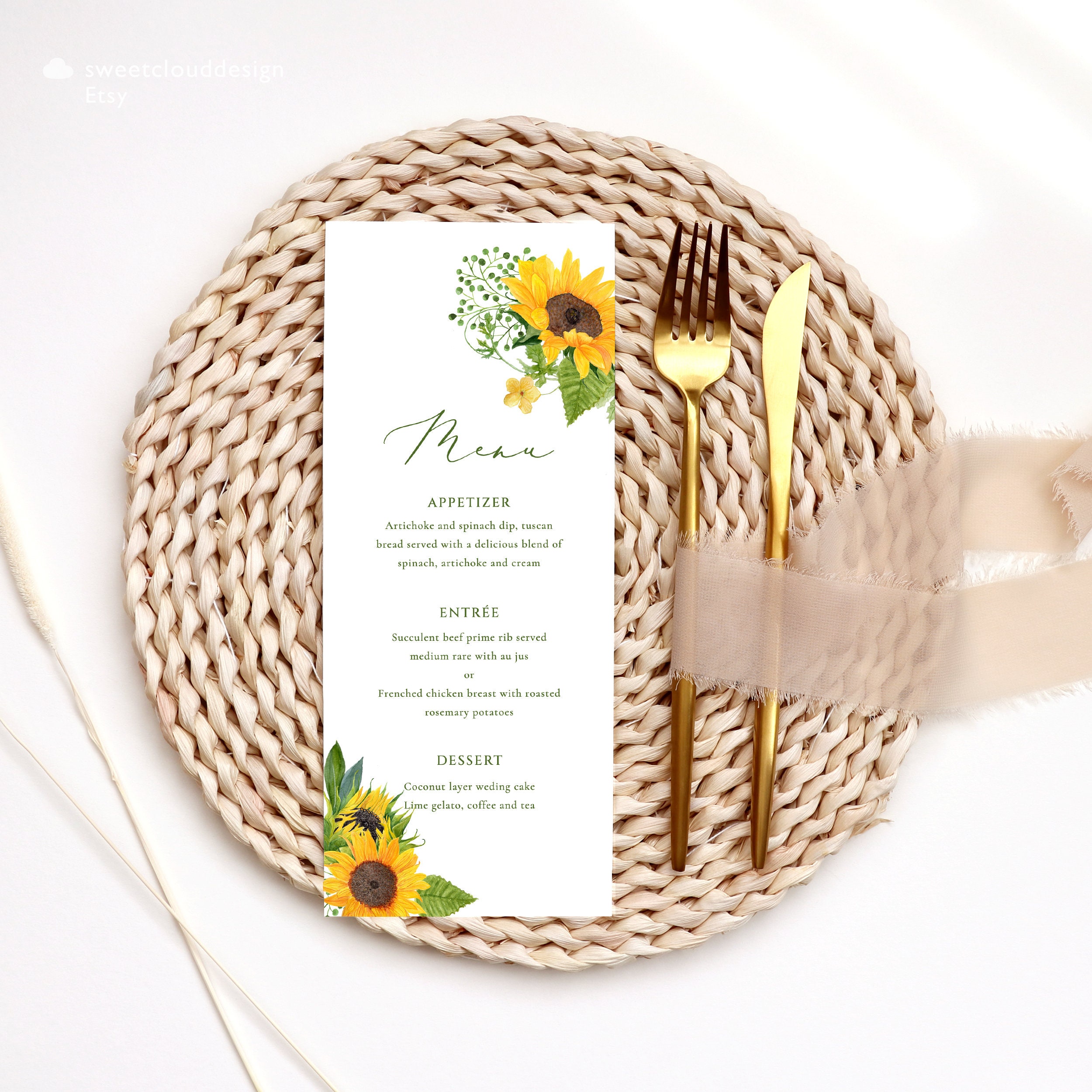 Sunflower wedding Menu Template Sunflower table menu cards | Etsy