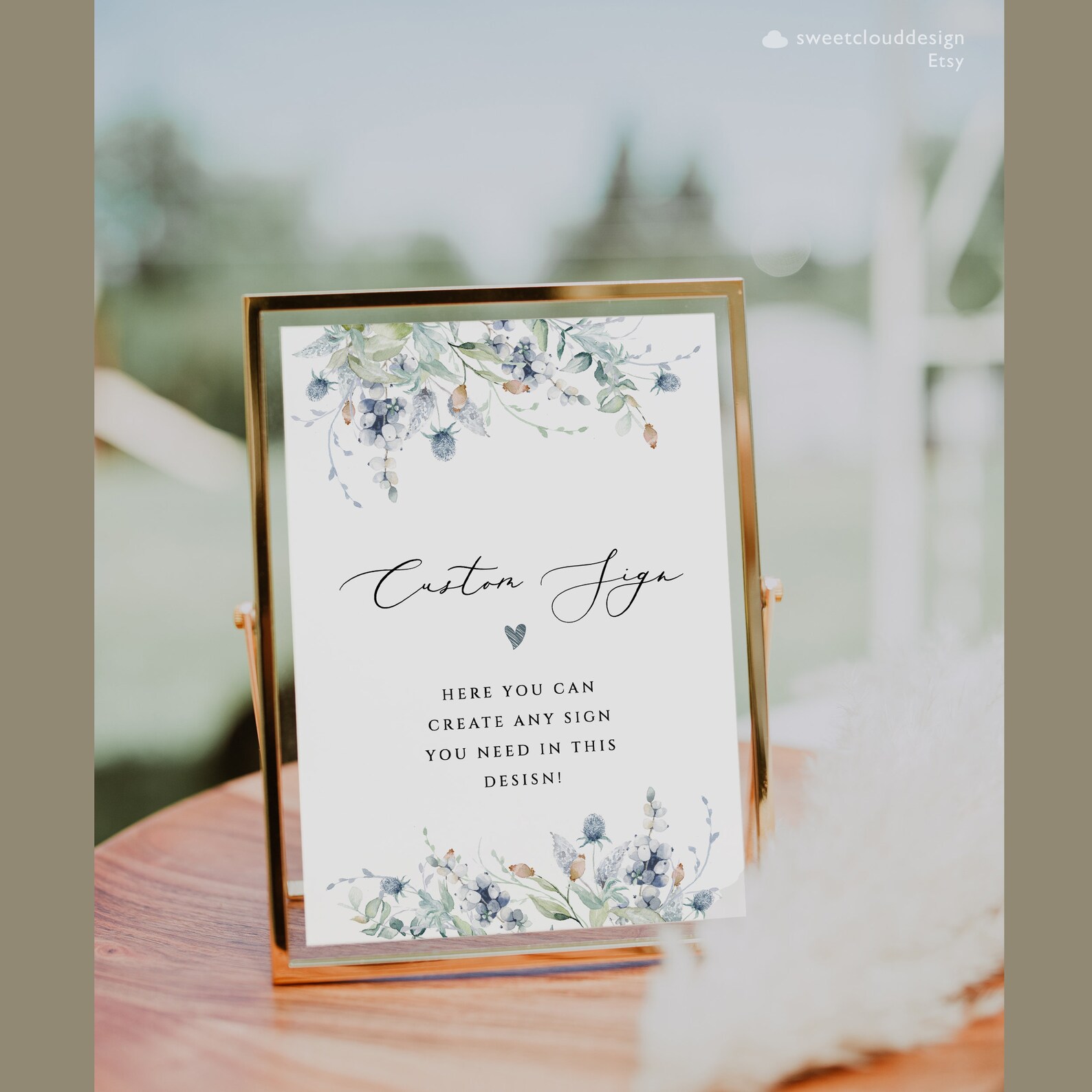 Dusty Blue Floral Custom Sign Steel Blue and Green Editable Custom Sign ...