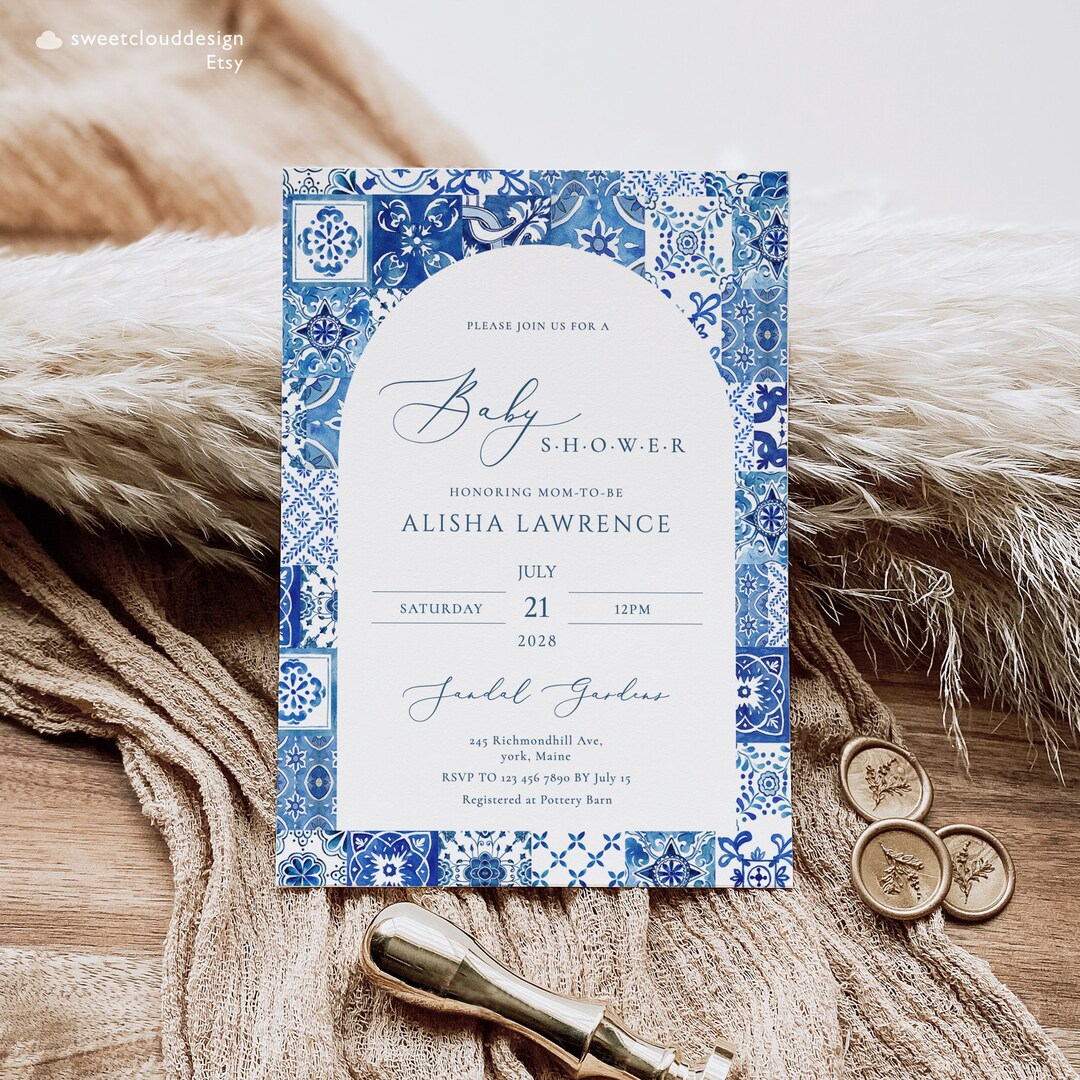 Blue Tile Baby Shower Invitation Template Blue Mediterranean Baby ...